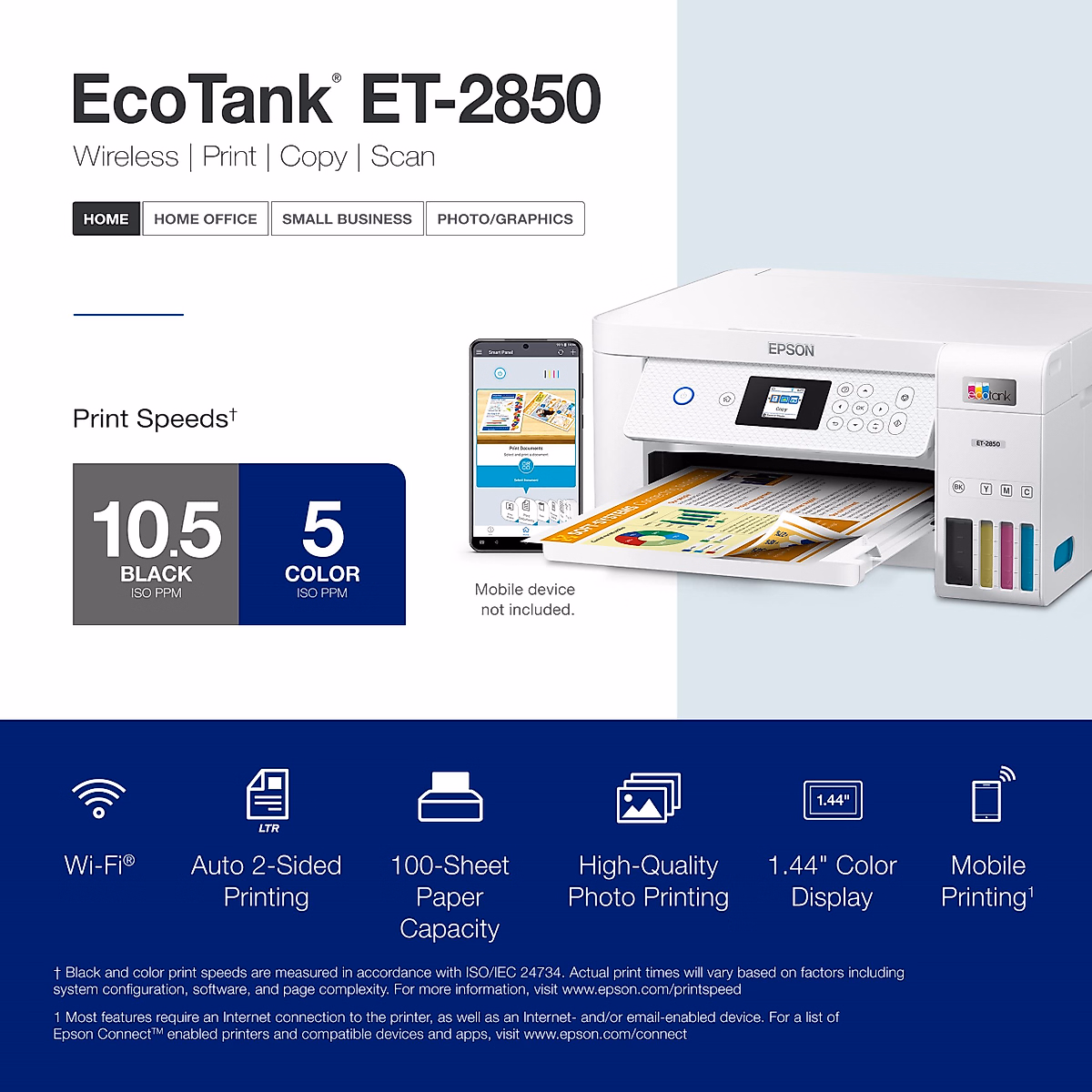Epson EcoTank ET-2850 Wireless Color All-in-One Supertank Inkjet Printer, White - Print Scan Copy - 10 ppm, 4800 x 1200 dpi, Auto 2-Sided Printing, Voice-Activated