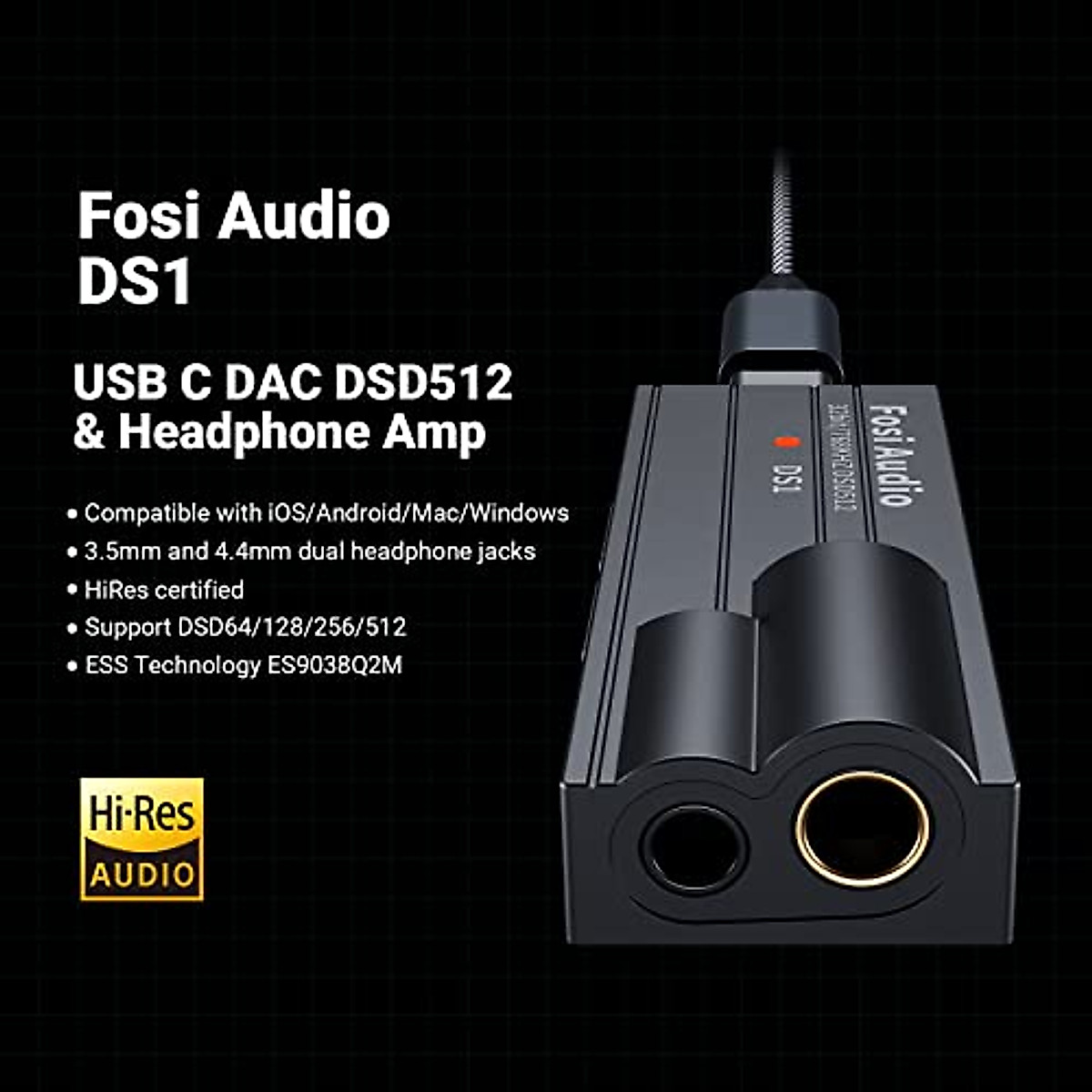 Fosi Audio DS1 DSD512 HiFi USB C DAC ES9038Q2M Mini Audio Headphone Amp Adapter Supports 32bit/768kHz with 4.4MM and 3.5MM Dual Headphones Outputs Compatible with Smartphones/Laptop/PC/Music Players…