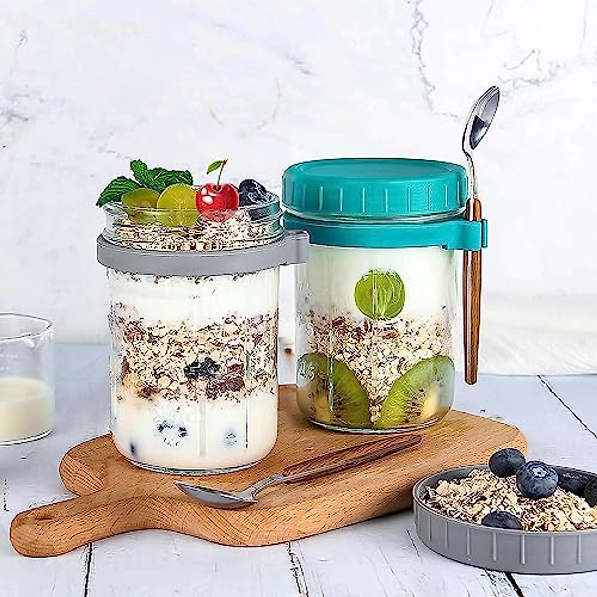 4 Pack Overnight Oats Jars, Overnight Oats Containers with Lids and Spoons, 16 Oz Glass Mason Jars for Overnight Oats Leak Proof Oatmeal Container Great for Cereal, Yogurt, Milk, Salads, Fruit