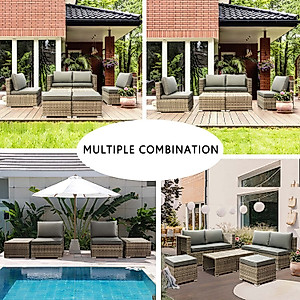 8 PCS Outdoor Furniture Fully Assembled Patio Conversation Furniture Sets Wicker Rattan Outside Sectional Sofa Couch Space Saving Deep Seating with Back Cushion Ottoman Coffee Table Grey-W/Cover