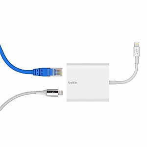 Belkin Ethernet & Power Adapter W/ Lightning Connector - Dual Port Ethernet Splitter for Apple iPad Pro, iPad Mini, iPad Air & iPhone Charger - 480 Mbps Ethernet speeds & 12W Power Delivery
