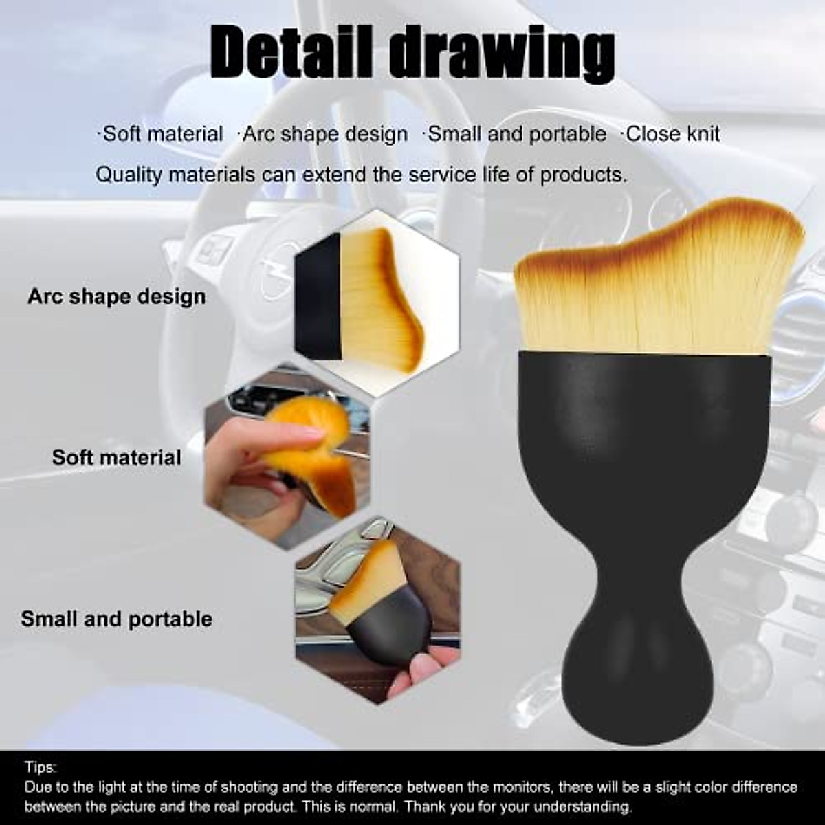 1PCS Car Interior Detailing Soft Brush Detailing Interior Auto Interior Soft Hair Removal Brush Scratch Free, Cleaning Dashboard Curved Design Universal Car Brush Tool (Black-Yellow)