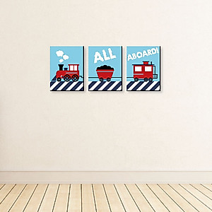Big Dot of Happiness Railroad Crossing - Steam Train Baby Boy Nursery Wall Art and Kids Room Decorations - Gift Ideas - 7.5 x 10 inches - Set of 3 Prints