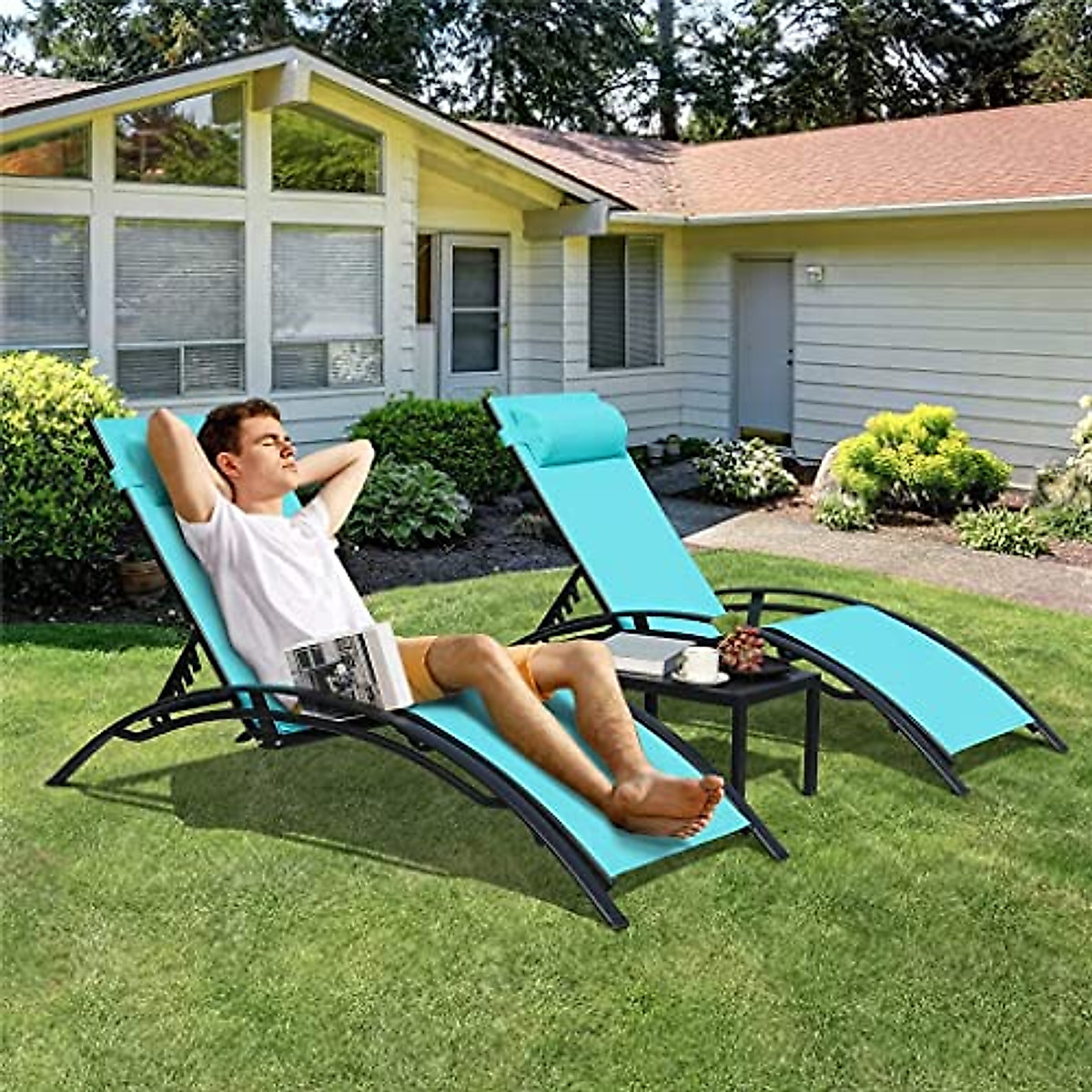 Thick 3Pcs Sun Lounger Recliner Set Aluminum Chaise Lounges,Reclining Chair with 5 Adjustable Backrest, Head Cushion, Table for Garden (Color : A, Size : One Size)
