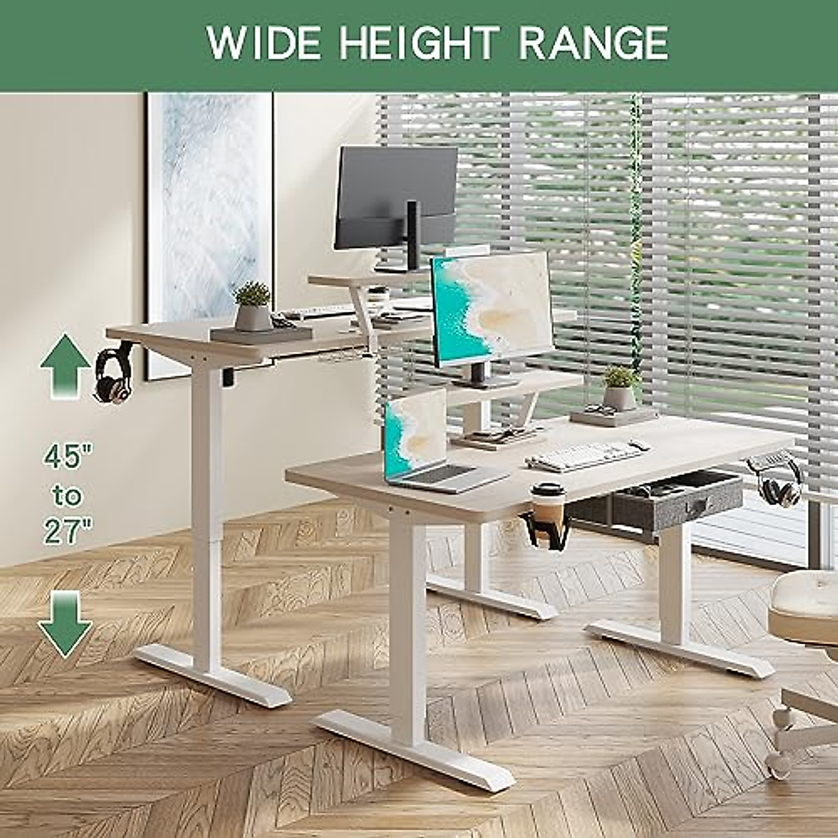 BUNOEM Height Adjustable Electric Standing Desk with One Drawer, Table with Storage Shelf, Sit & Stand Home Office Desk with Storage Space (Oak, 55x30)