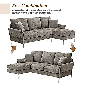 FANYE 84" L-Shaped Upholstered Corner Sectional 3 Seaters Sofa, Modern Chenille Upholstery Metal Legs Couch with Reversible Chaise and 2 Pillows for Home Apartment Office Living Room, Taupe