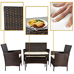 4 Pieces Outdoor Furniture Set Patio Rattan Conversation Furniture Set All-Weather Wicker Bistro Set Comfortable Chairs and Coffee Table Outdoor Indoor Use Patio Poolside Backyard Garden (Brown)