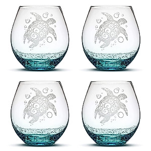 Integrity Bottles Tribal Sea Turtle Design, (Set of 4) Stemless Wine Glass, Handmade, Handblown, Hand Etched Gifts, Sand Carved, 18oz (Bubbly Teal)