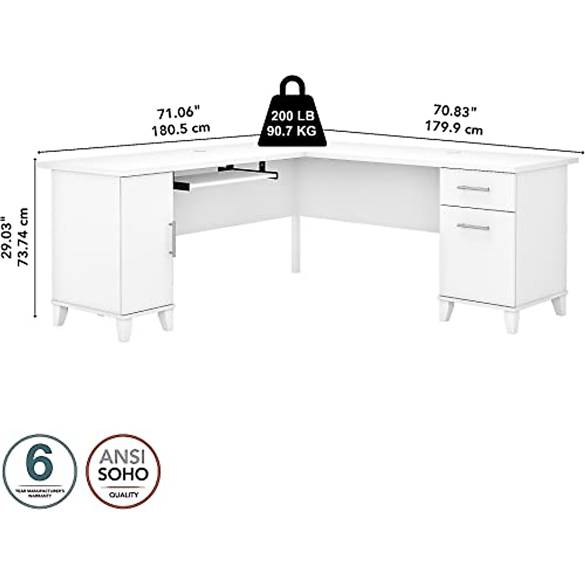 Bush Furniture Somerset 72W L Shaped Desk with Storage in White