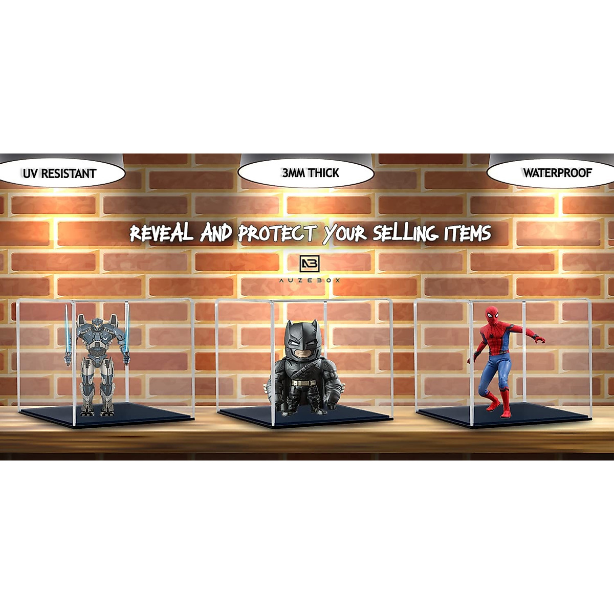 AUZEBOX Acrylic Display Case with Black Base- Highly Transparent, Dustproof and Clear Vision Lego Display Case for Action Figures, Legos, Trophy, Model Cars, and Any Toy Collectables 4x4x4 Inches