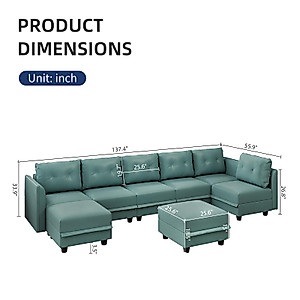 LLappuil Modular Sectional Sofa with Reversible Chaise, U Shaped Couch with Storage, Modern Faux Leather Fabric Sofa with Ottoman, Oversized Sectionals for Living Room, 8 Seat, Aqua Blue