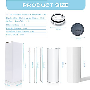 VEVELU 6 Pack Sublimation Tumblers 20 oz Skinny Straight - Stainless Steel 20 oz Sublimation Blank with Lids and Double Straws, Wall Insulated White Cups for Heat Press