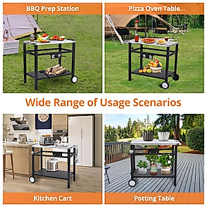 Dining Cart,Outdoor Grill Cart,Stainless Steel,with 4 Hooks, Double-Shelf,Side Handle,Wheels,Cooking Table for Outdoors, Kitchen or Backyard, Movable BBQ Trolley,Multifunctional and Commercial