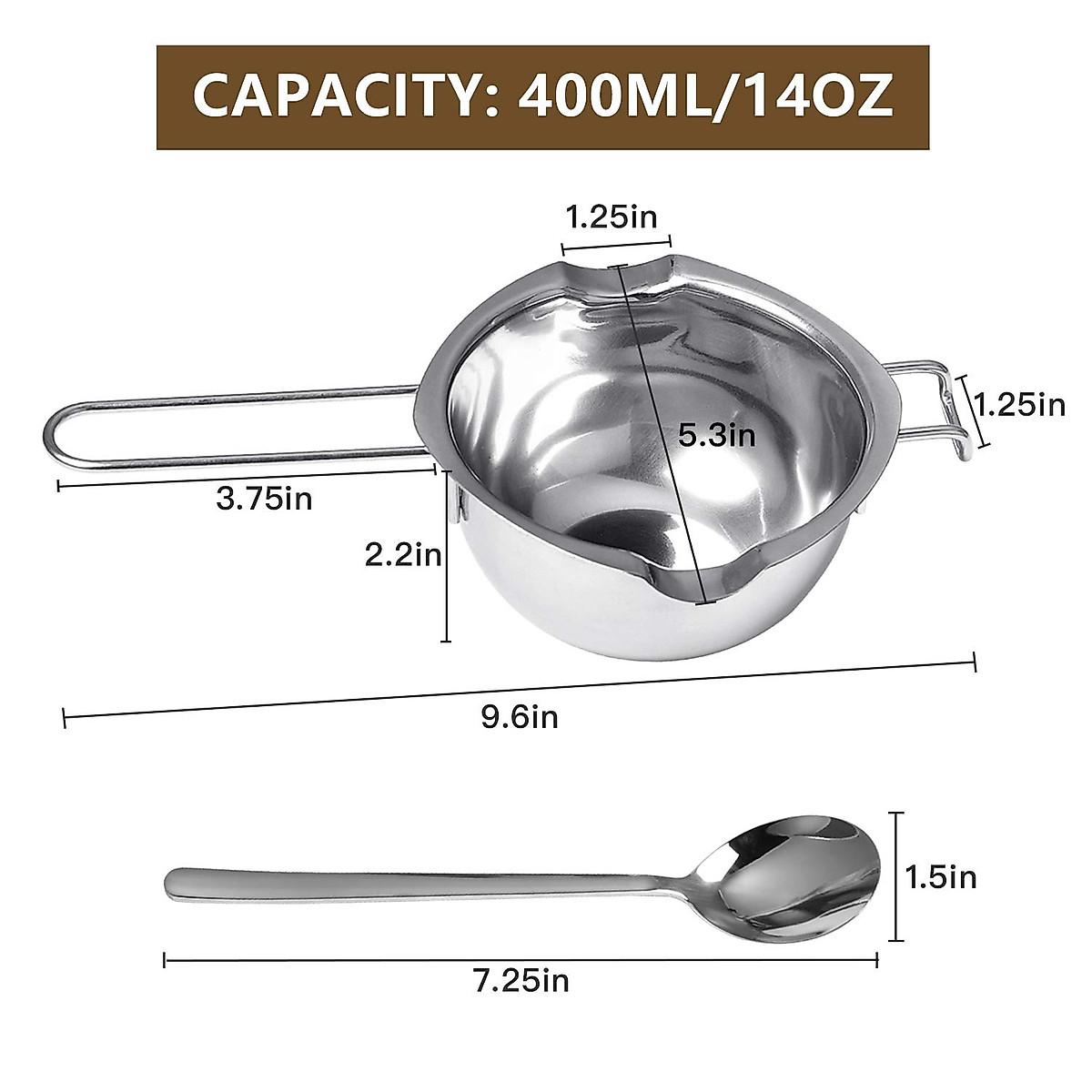Milkary 2 Pieces Stainless Steel Double Boiler Pot with 2 Metal Spoon, Chocolate Melting Pot for Melting Chocolate, Butter, Cheese, Candle and Wax Making Kit Double Spouts 400ml/14oz
