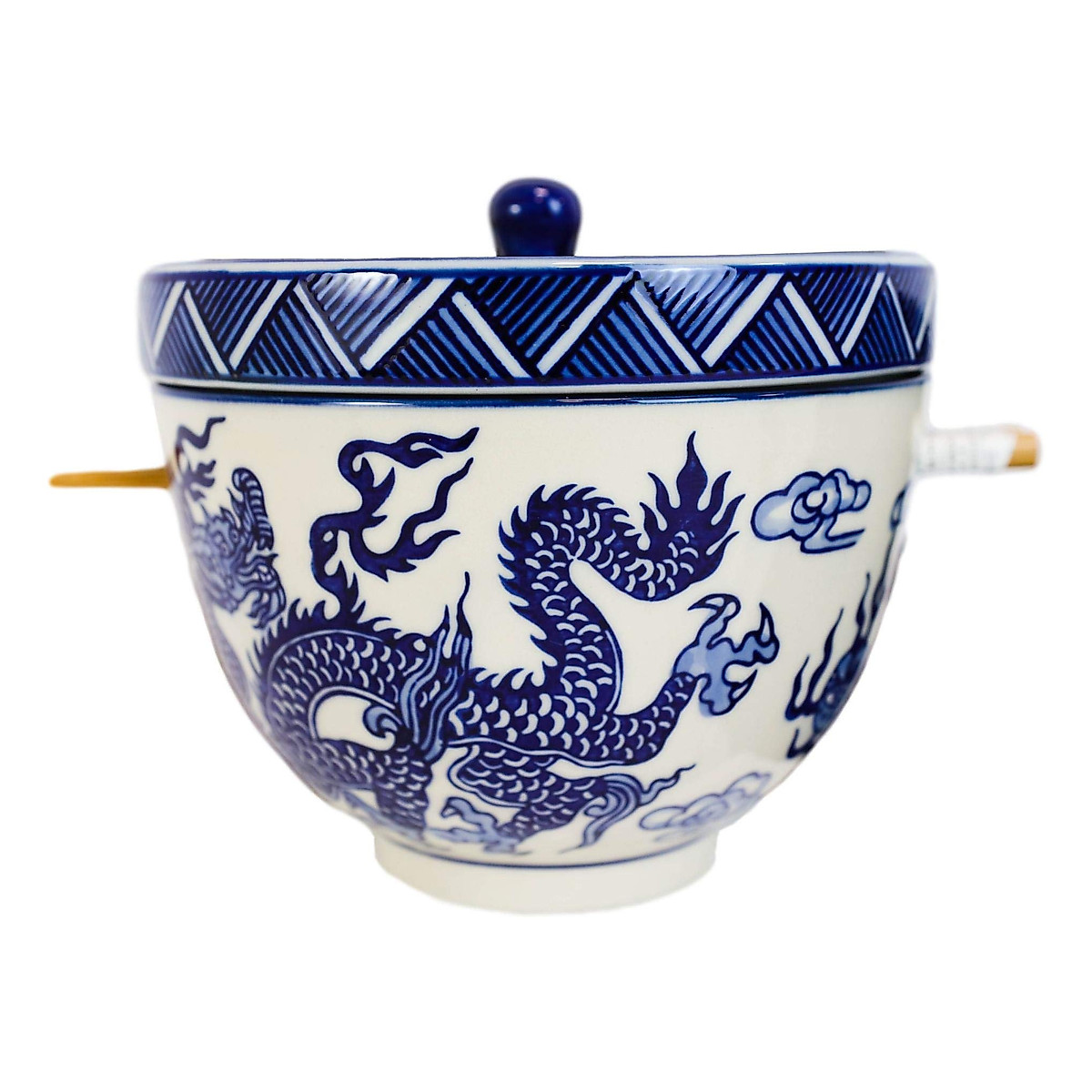 Ebros Japanese Dining Tempura Udon Noodles And Tentsuyu Dipping Sauce Large 6"D Bowl With Condiment Divider Lid And Bamboo Chopsticks And Built In Rest Set (Blue White Oriental Feng Shui Dragon King)