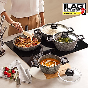 Karaca Gris BioGranite Cookware Set, 7 Piece, 3 Pots with Lid and Frying Pan, Natural Granite, Non-Stick Coating, Dishwasher Safe, Comfortable, Ergonomic Handle Grip