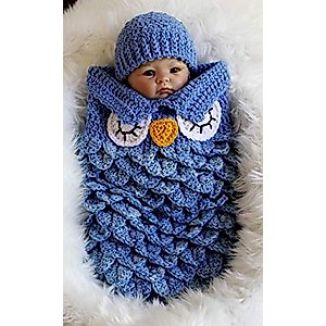 Handmade Newborn Baby Boy Sleepy Owl Snuggle Sack Cocoon Baby Bonnet Photo Prop Shower Gift
