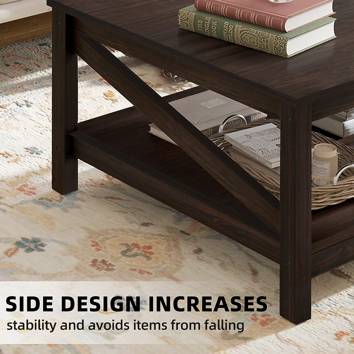 YITAHOME 2-Tier Square Coffee Tables with Storage,Coffee Table for Living Room,Center Table Coffee Table for Home,Wood Living Room Table Industrial Small Farmhouse Cocktail Table, Espresso