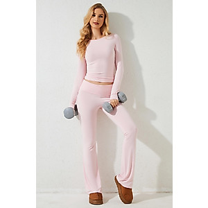 MISSACTIVER Women's Two Piece Outfit Basic Long Sleeve Crop Top and Low Rise Flare Pants Set Lounge 2 Piece Yoga Tracksuit（Pink, Medium