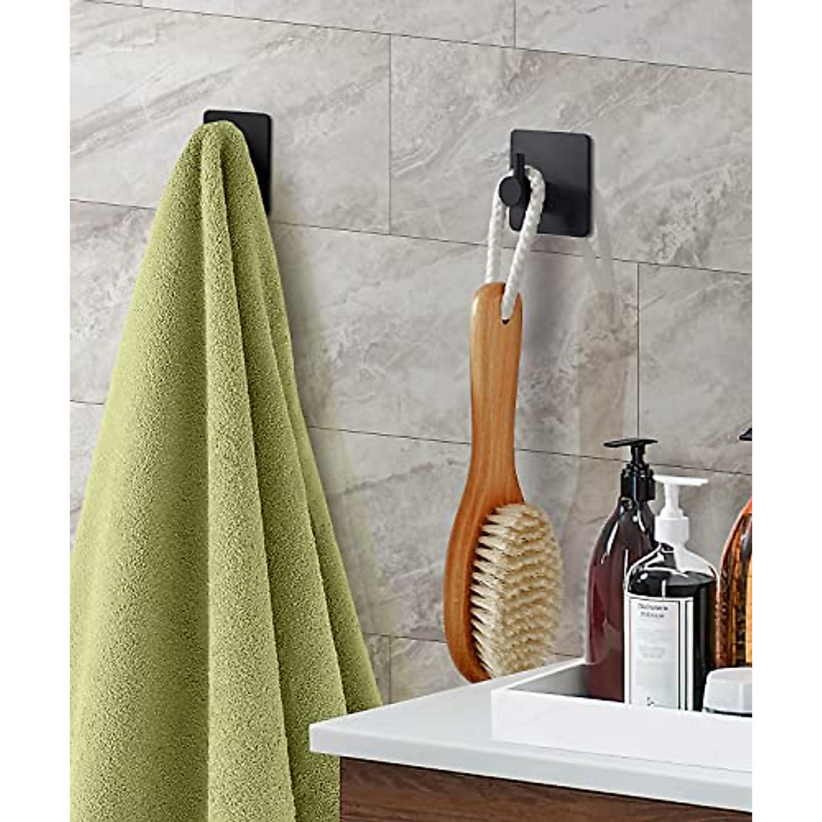 YOGEERNIC 2 PCS Adhesive Towel Hooks for Wall, No Drilling Removable Wall Hooks for Hanging, Heavy Duty Robe and Towel Hooks for Bathroom Bedroom Kitchen Hotel(Matte Black)