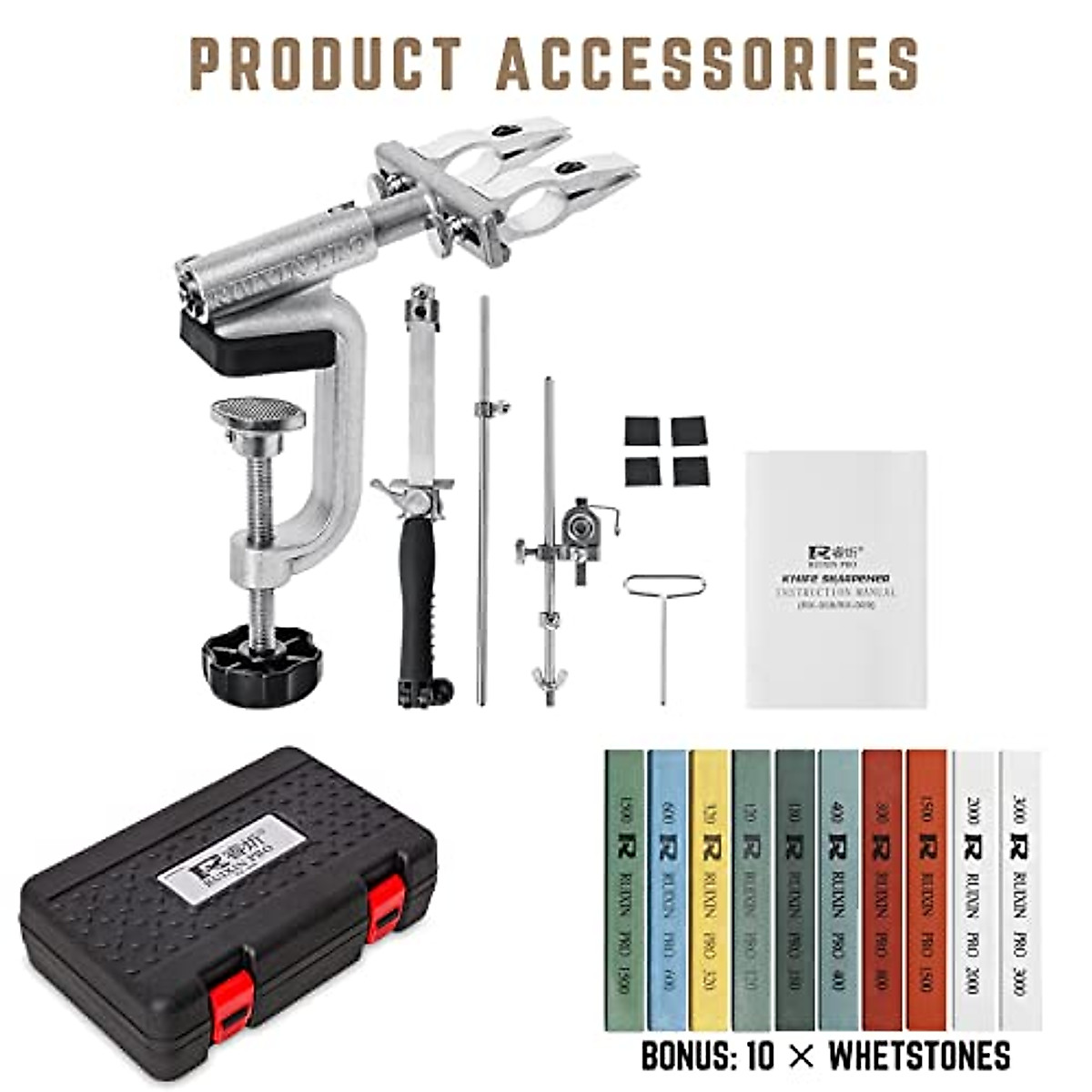 RUIXIN PRO RX-009 Professional Knife Sharpener with 10 Whetstones, 360° Rotation Flip Design Fixed-Angle Stainless Steel Kitchen Chef Knife Sharpening Kit Abrasive Holding System Tools