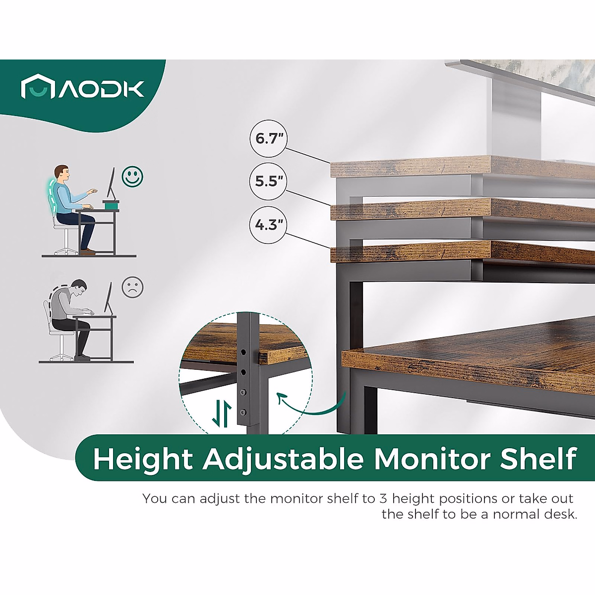 AODK Computer Desk, 48 Inch Gaming Desk with LED Lights and Power Outlet, Office Desk with Adjustable Monitor Shelf (3 Heights), Computer Table Work Desk for Home/Bedroom, Rustic Brown