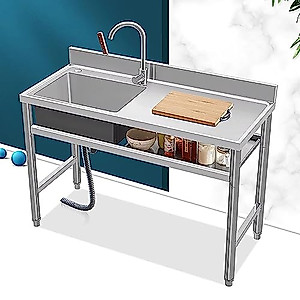 NYCDA Commercial Restaurant Sink, Single Bowl Sink W/Knife Holder, Stainless Steel Outdoor Sink, Freestanding Kitchen Sink, with Hot and Cold Water Faucet 120x50x80cm/47.2x19.7x31.5in Left