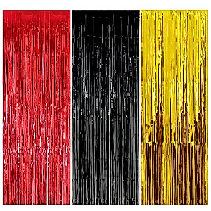 Mickey Birthday Party Supplies, Red Black Gold Fringe Curtains Photo Backdrop for Party Decorations (3 Pack)