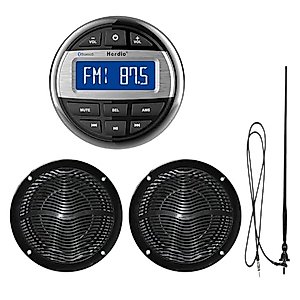Herdio Marine Radio and Speakers Set Compatible with Bluetooth, Marine Gauge Head Unit+6.5 Inch Marine Flush Wall Mount Ceiling Speakers+Rubber Flexible Mast FM AM Antenna