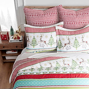 Levtex Home Merry & Bright Collection - Comet and Cupid Duvet Set - King Duvet Cover (106 x 94in.) + Two King Sham (36 x 20in.) - Holiday Deer and Christmas Trees - Red Green White Teal