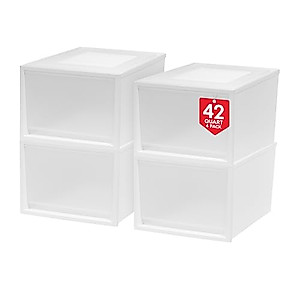 IRIS USA 42 Qt. Plastic Drawer Storage Organizer Stacking Drawers, 4-Pack, Stackable Unit with Sliding Drawer for Clothes Bedroom Kitchen Under Sink Pantry Craft Room Bathroom Dorm Office, White
