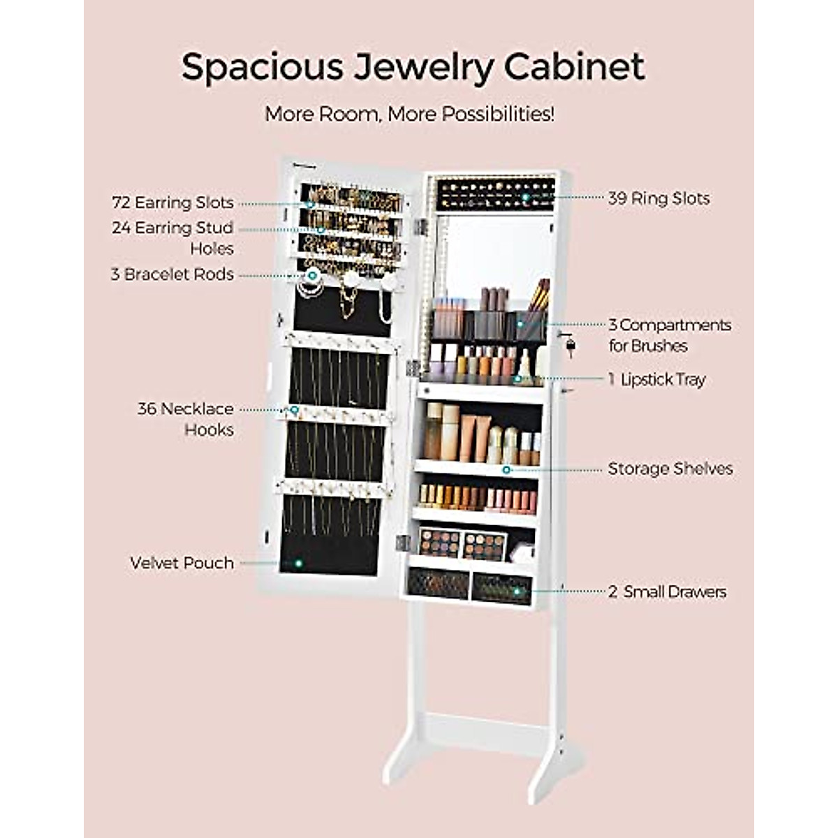 SONGMICS Mirror Jewelry Cabinet Standing Armoire Organizer, Jewelry Storage with Full-Length Frameless LED Lights, Built-in Makeup Mirror, 2 Drawers, Lockable, White UJJC023W01