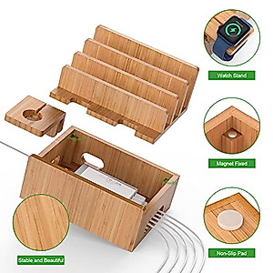 BEEBO BEABO Bamboo Charging Station, Wood Holder Docking Stand, Cell Phone Charging Stations Compatible with Phone, Tablet, Watch(Include 5 Port USB Charger, 6 Charging Cables and Watch Stand)