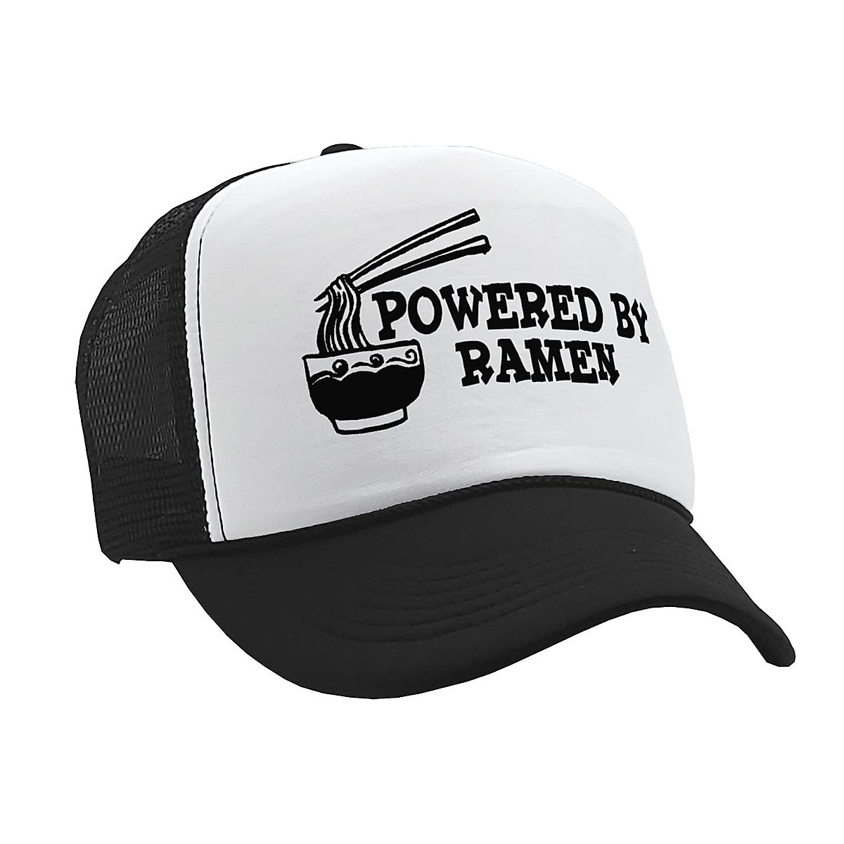 Powered by Ramen - Funny College Noodles - Vintage Retro Style Trucker Cap Hat (Black)