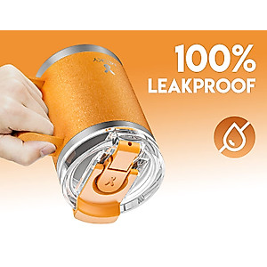 Meoky 14oz Insulated Coffee Mug with Lid and Handle, 100% Leak Proof Stainless Steel Coffee Cup with Tritan Lid, Double Wall Vacuum Coffee Tumbler with Handle (Peach)