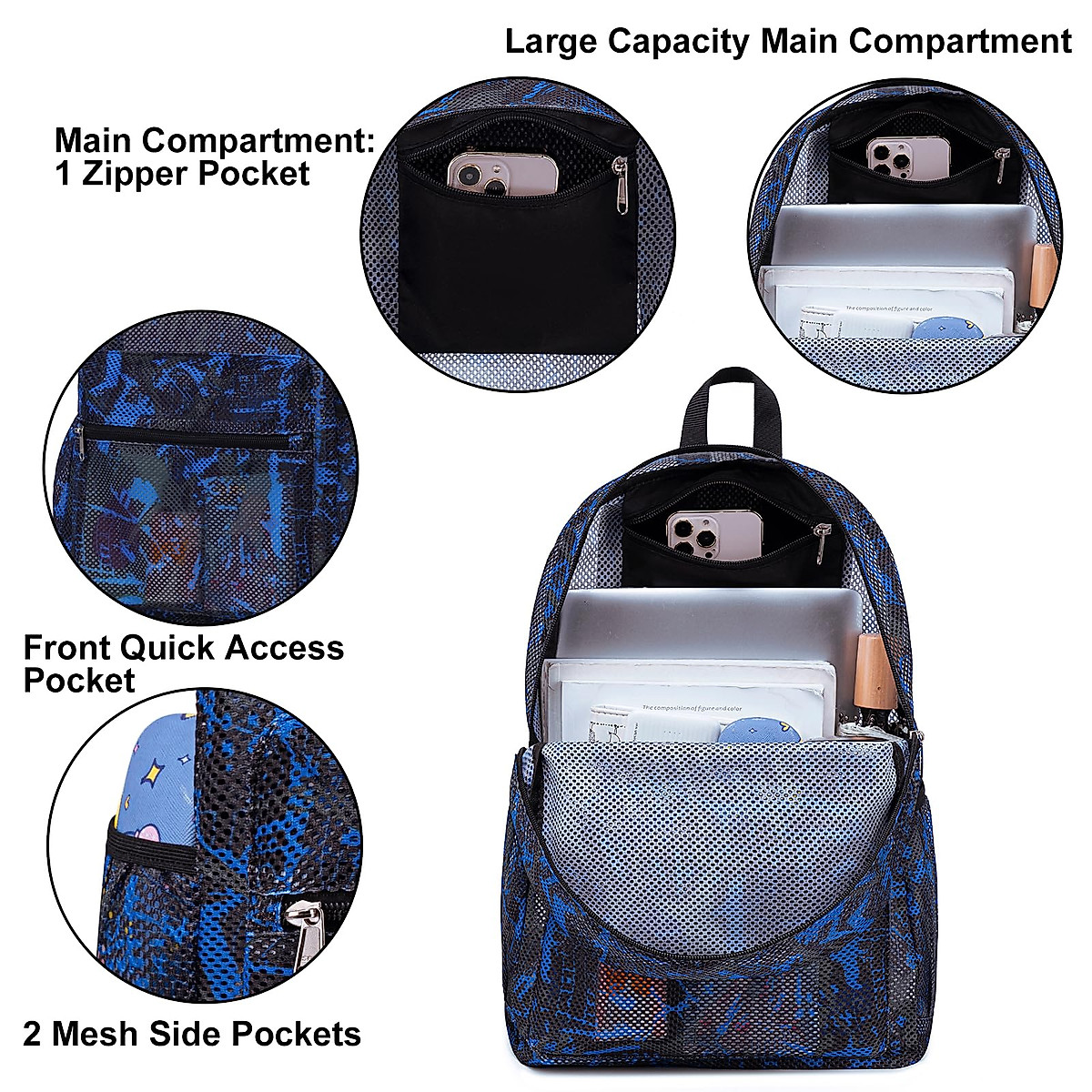 Bluboon Mesh Backpack Girls Kid Semi-Transparent School Bookbags See-through Lightweight Waterproof Casual Daypack for Beach Gym Travel