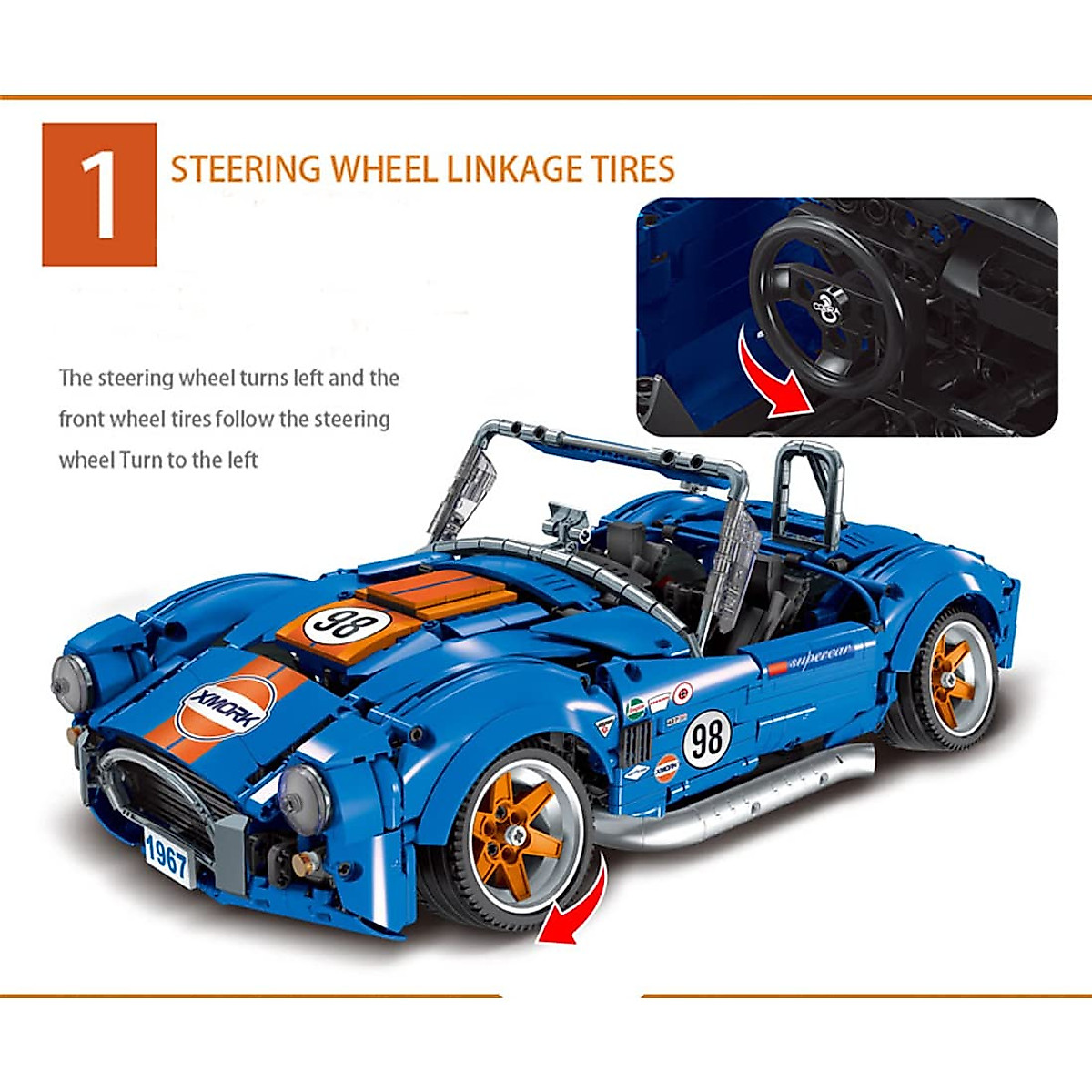 Audio Technics Sports Car for Lego Ford Mustang Shelby Cobra 427, 1/10 Technics Racing Car Building Bricks, Compatible with Lego Technic, 1816 Pcs