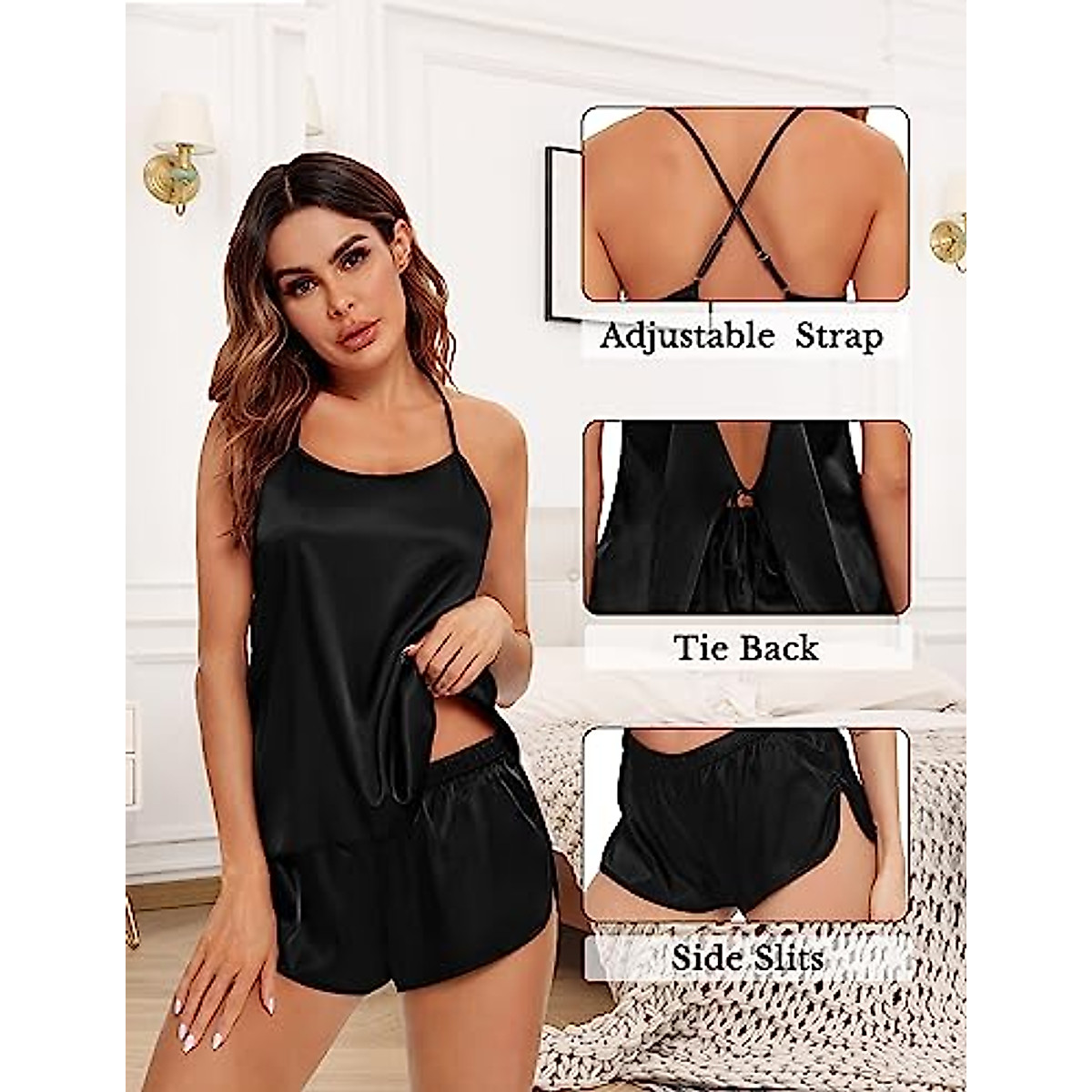 SWOMOG 4 Pcs Silk Pajamas for Women Shorts Set Satin Sleepwear Sexy Cami Pants Button-down Shorts Shirt Pjs Set Lounge Wear Black