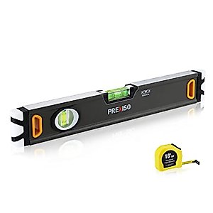 PREXISO 16IN Anti-Shock Spirit Level, Aluminum Alloy Construction, V-Groove, with Bonus 16-feet Tape Measure, Ideal for Decoration, Home Furnishings, Construction