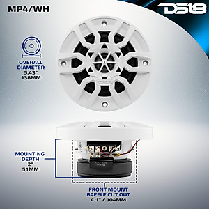 DS18 MP4/WH White Marine Speaker - 4", 2-Way, 150W Max, 100% UV Stable, IPX5 Marine, 4 Ohms - for All Elements, UTV, ATV & Jeeps (2 Speakers)