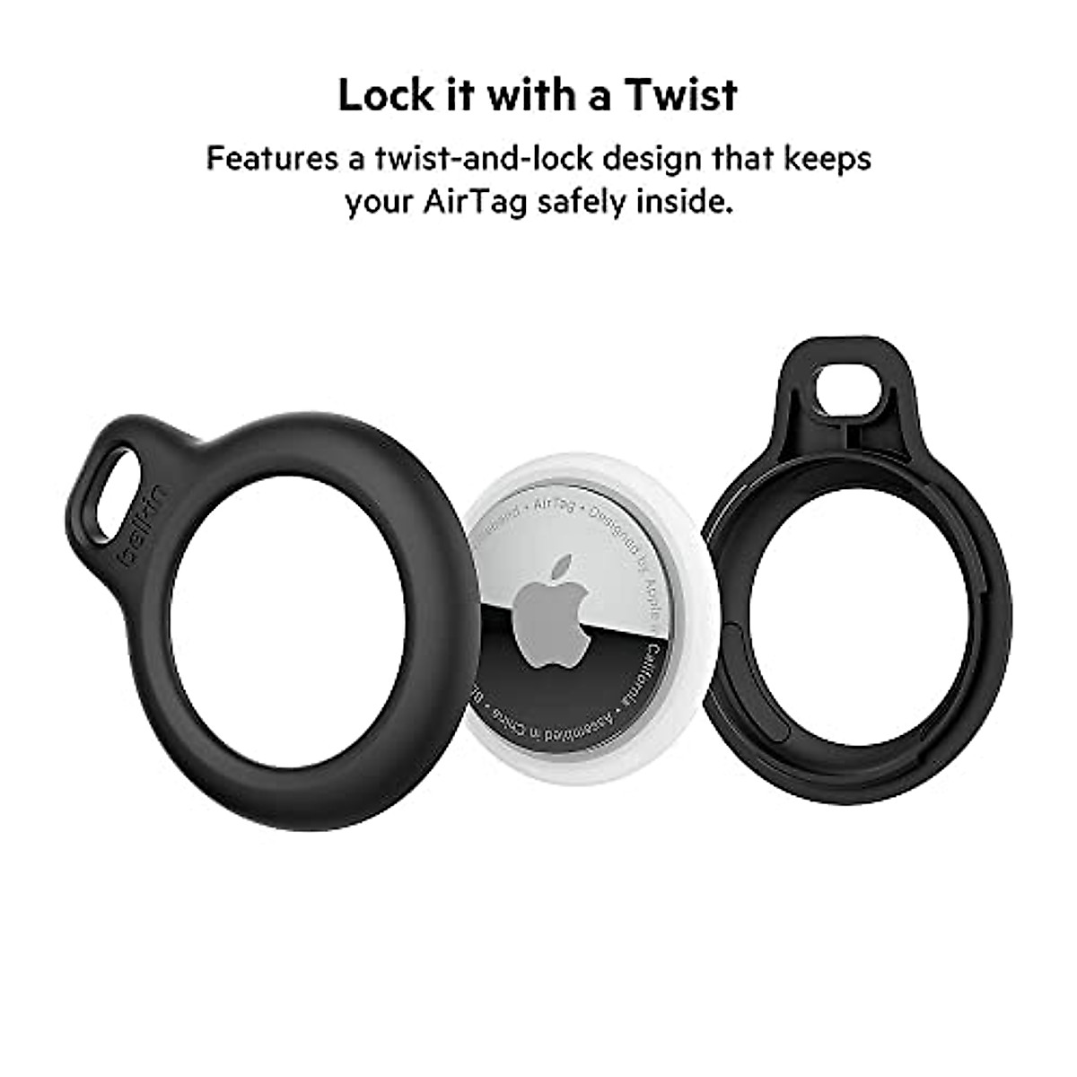 Belkin Apple AirTag Secure Holder with Key Ring - Durable Scratch Resistant Case With Open Face & Raised Edges - Protective AirTag Keychain Accessory For Keys, Pets, Luggage, Backpacks - 2-Pack White