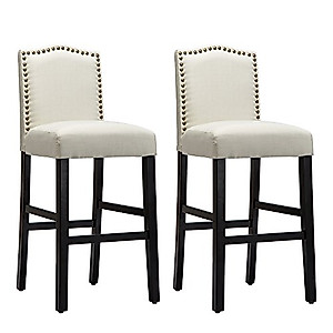 NOBPEINT Nail Head Studded Fabric Backed Bar Stools 29 inch Set of 2, Beige
