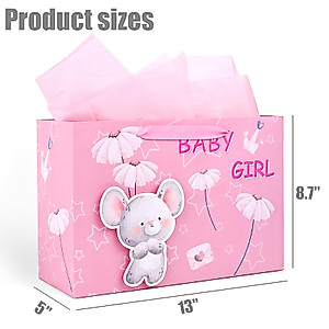VGOODALL Baby Girl Gift Bag, 13" Gift Bags with Tissue Paper Ribbon Handle and Greeting Card for Girl Baby Shower Newborn 1st Birthday Gender Reveal Party Pink