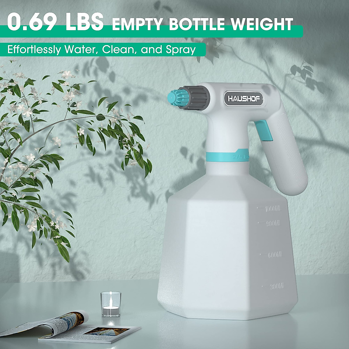 HAUSHOF 35 Fl Oz Battery Powered Sprayer Garden Mister, 1L Automatic Spray Bottle, Rechargeable Electric Spray Bottle with Adjustable Spout for Lawn, Indoor/Outdoor Plant, Fertilizing, Cleaning