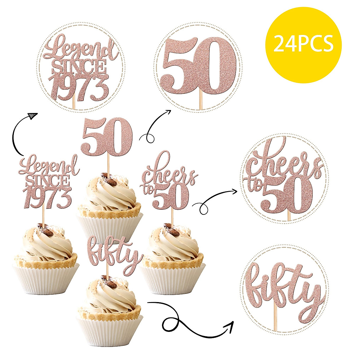 24 PCS Legend Since 1973 Cupcake Toppers Glitter Fifty Cheers to 50 Happy 50th Birthday Cupcake Picks for 50th Birthday Wedding Anniversary Party Cake Decorations Supplies Rose Gold