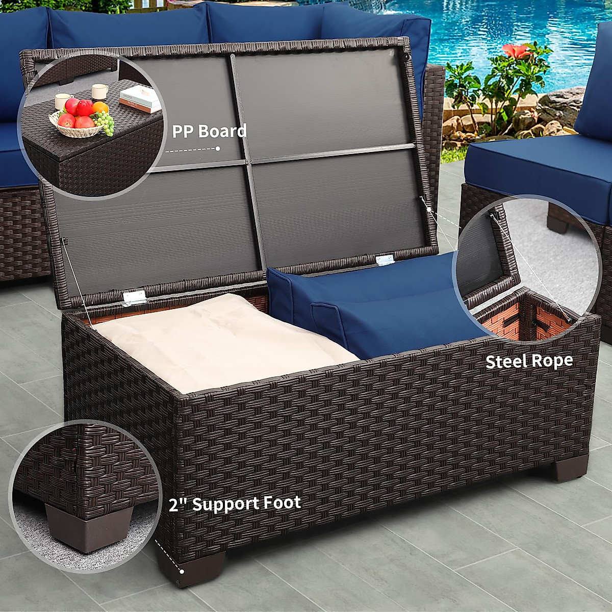 Rattaner 7 Pieces Outdoor Wicker Furniture Conversation Set Patio Furniture Sectional Sofa Couch Patio Storage Table with Thicken(5") Non-Slip Cushions Furniture Cover, Navy Blue