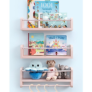 Maxpeuvon Nursery Book Shelves, Set of 3 Kids Bookshelves Natural Wood Wall Mount Organizer with Towel Bar Hanging Nursery Decor for Kids Room, Playroom, Bedroom and Kitchen, Pink