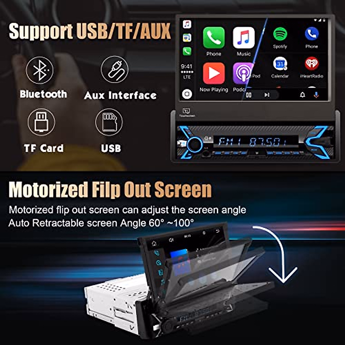 Single Din Car Stereo Player Compatible with Apple Carplay & Android Auto–7 Inch Flip Out Touchscreen Car Radio with Bluetooth| Mirror Link| Backup Camera| USB/SD/AUX Input| AM FM| Subwoofer| DSP