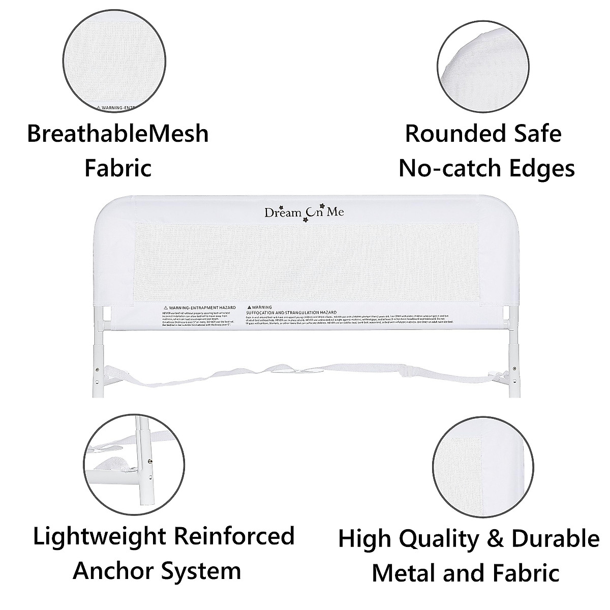 Dream On Me Adjustable Mesh Bed Rail, Two Height Levels, Ready to Use, Compatible with Twin Size Beds, All Steel Construction, Equipped with Guard Gap, Durable Nylon Fabric Mesh, White