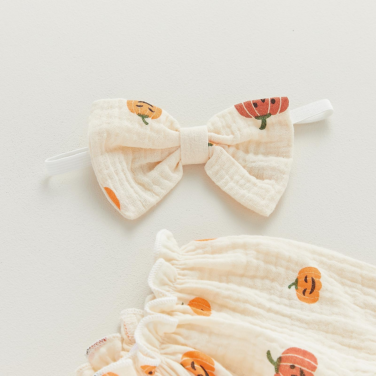 2pcs Infant Baby Girls Romper Dress Headband Long Sleeve Flowers Newborn Boho Girl Outfit Jumpsuit Clothes (Beige-Pumpkin, 12-18 Months)